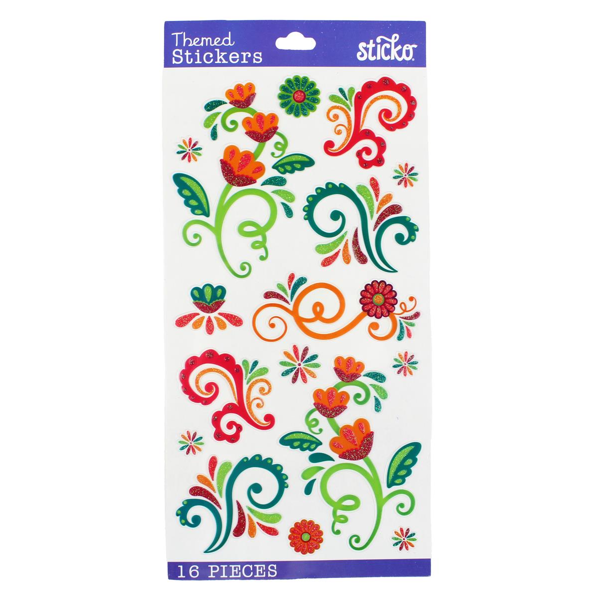 Sticko - Bright Flourishes Glitter Stickers - 16pcs | HobbyMaker