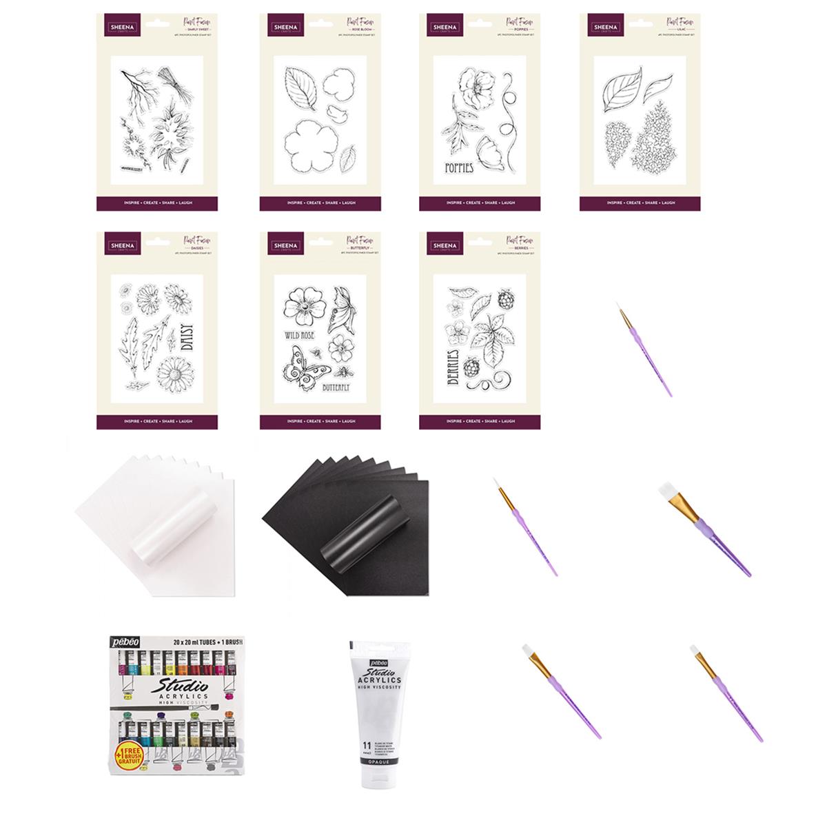 Sheena Douglass Paint Fusion 16 Piece Stamp, Paint & Brush Collection | HobbyMaker