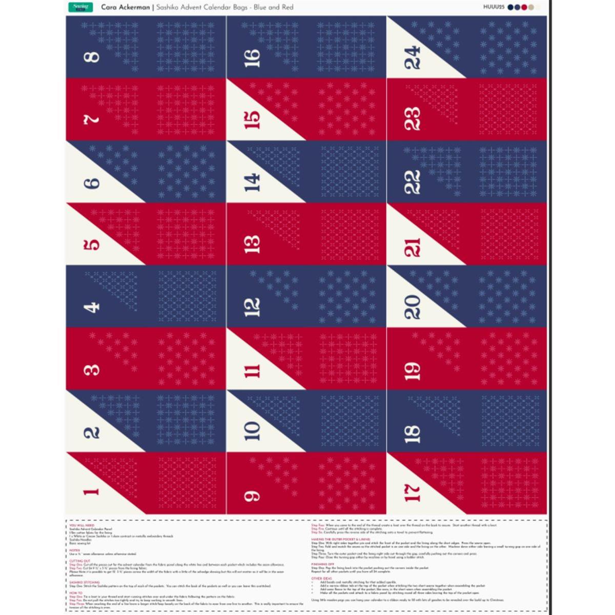 Cara Ackerman's Navy & Red Sashiko Advent Calendar Fabric Panel (70cm x ...