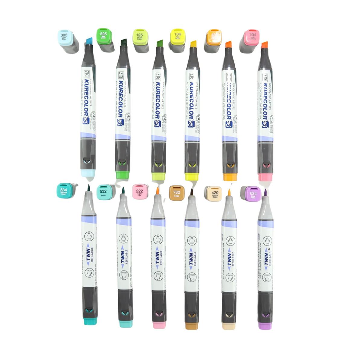 Kuretake Zig Kurecolor Twin Tip Alcohol Markers - 12 Pens - Naturals ...
