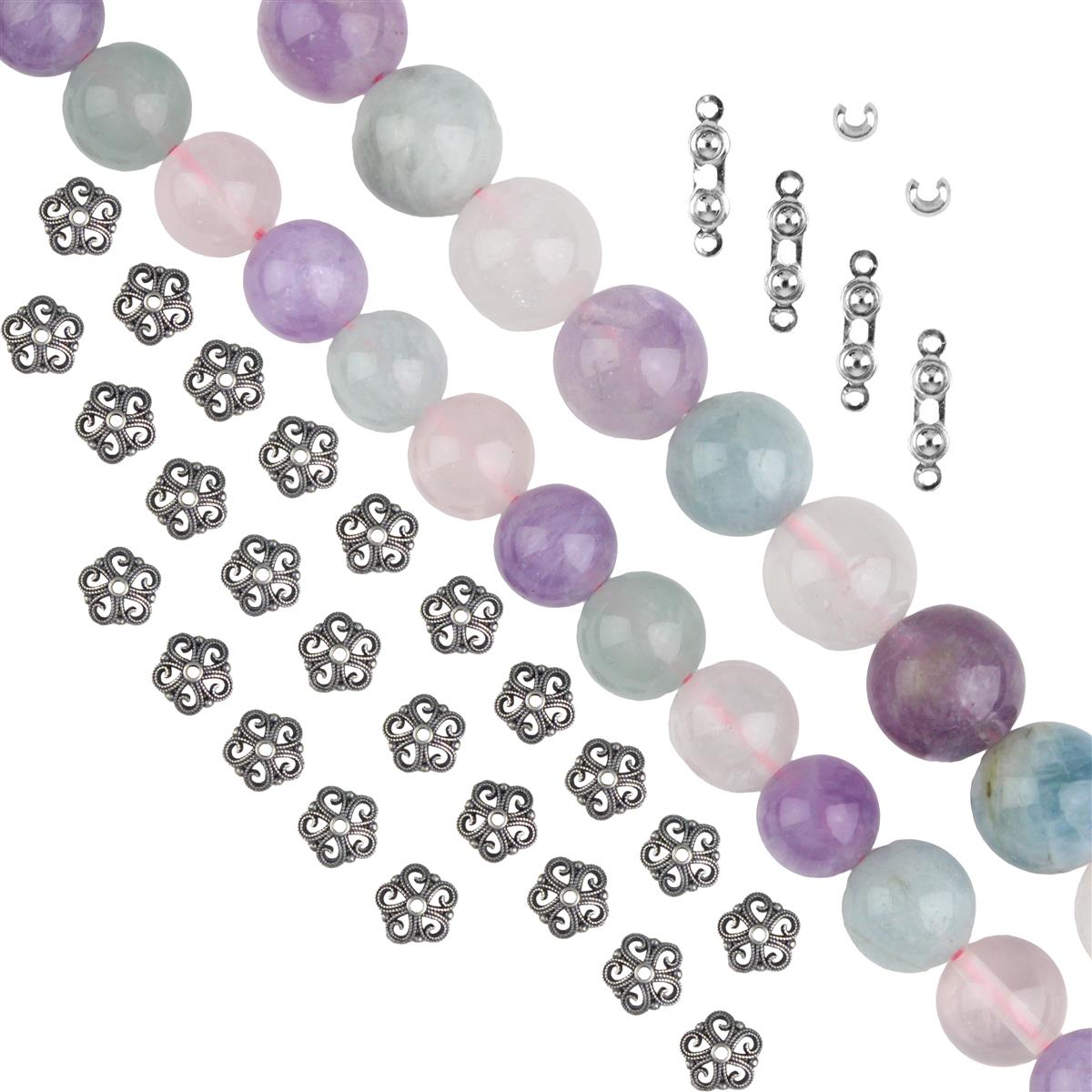 925 Sterling Silver Flower, Multi Gems (Aquamarine, Rose Quartz ...