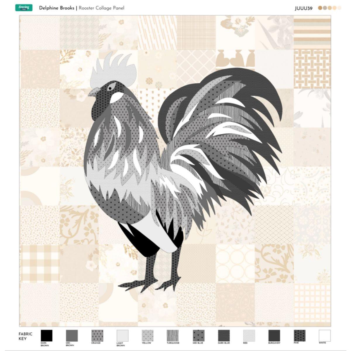 Delphine Brooks' Rooster Collage Fabric Panel (74 x 70cm) | SewingStreet