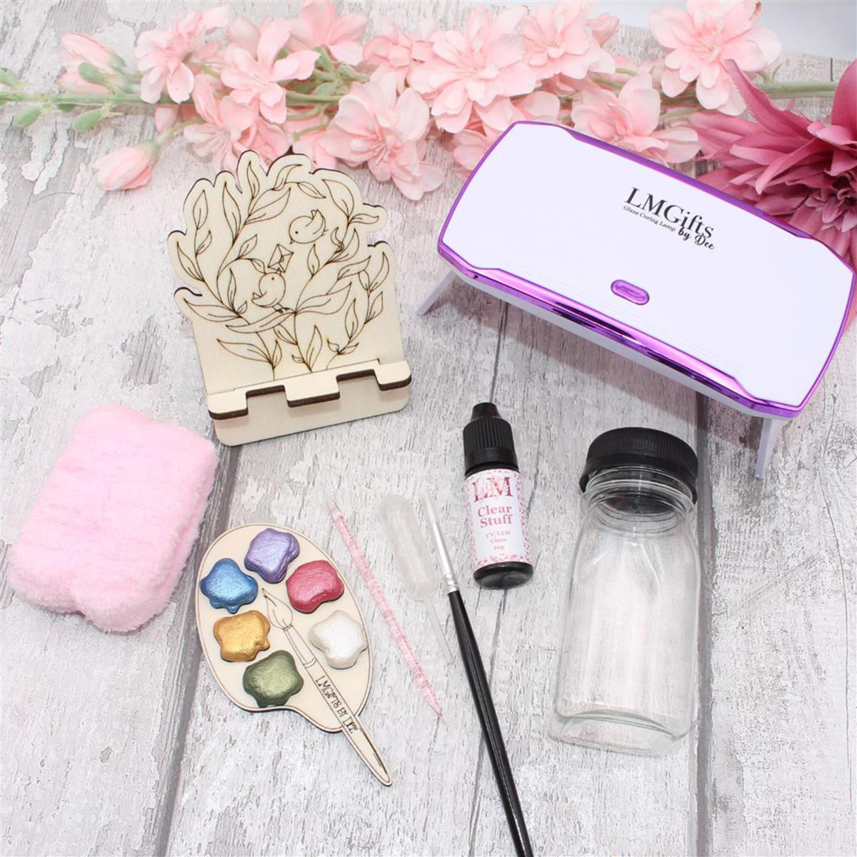 LMGifts Woodglaze Art Kit includes 6 Colours, UV Light, Paint Brush ...