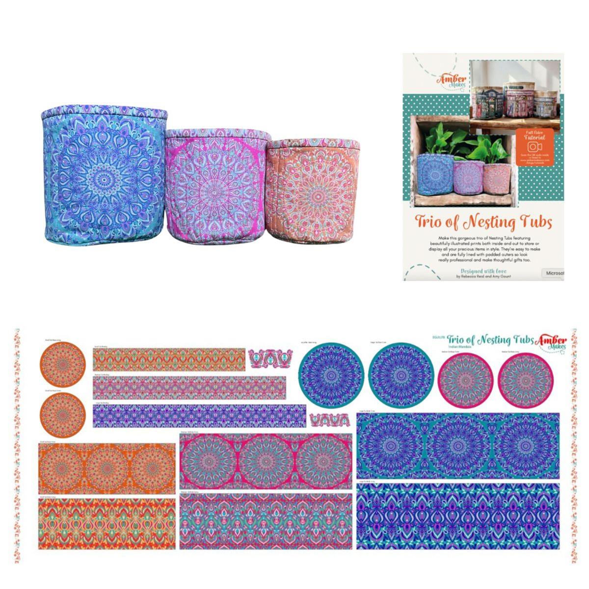Amber Makes Trio of Nesting Tubs Kit - Indian Mandala Fabric Panel and ...