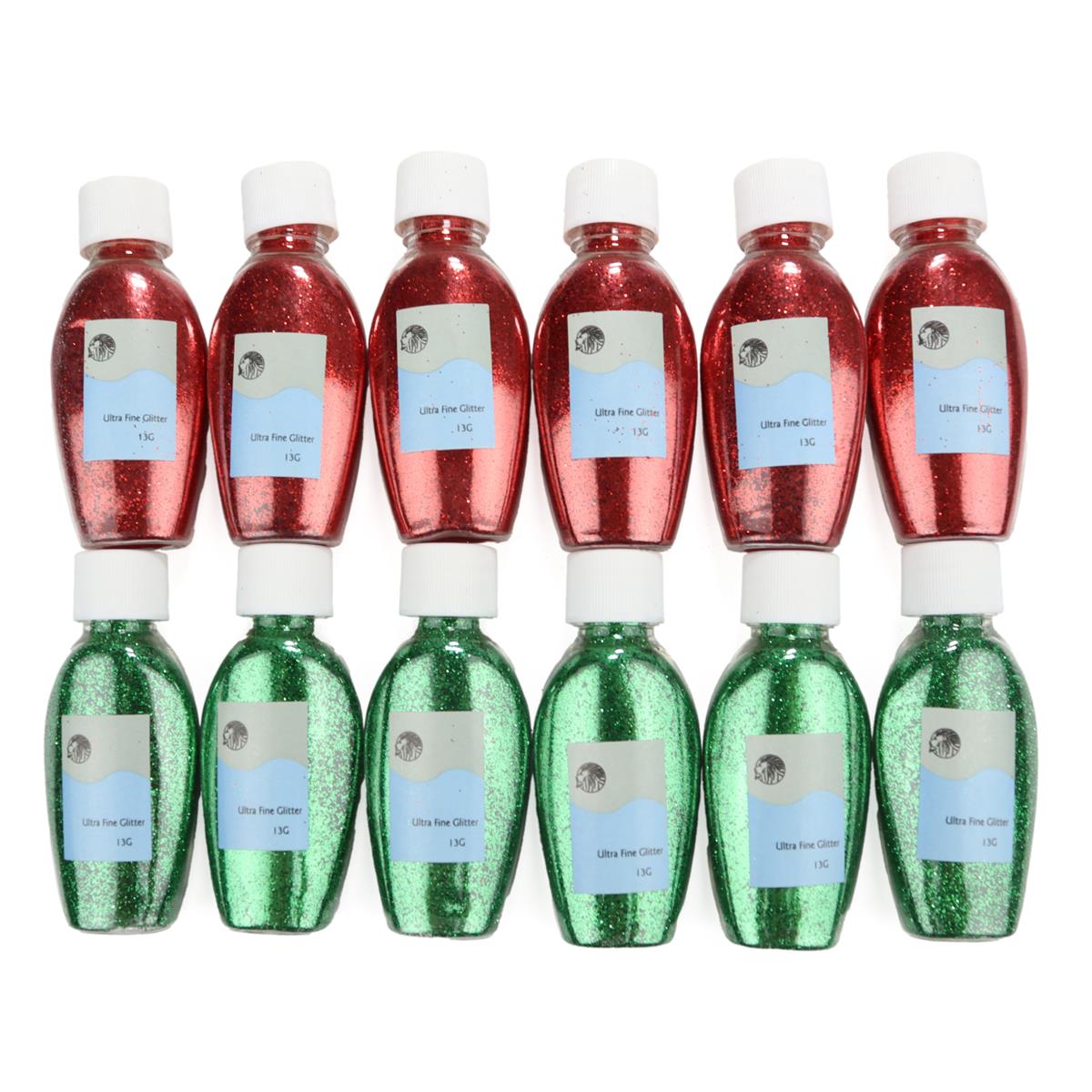 Pack of 12 Glitter Pots, 6 x Red, 6 x Green. 13g per pot. | HobbyMaker