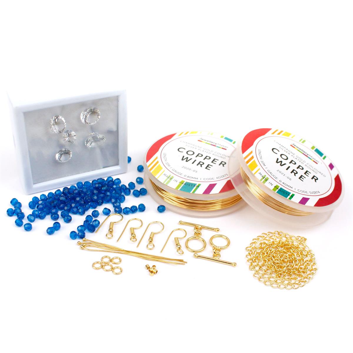 Cobalt Cascade; White Quartz Concave Rounds 5pcs, Fire Polish 4mm, Wire ...