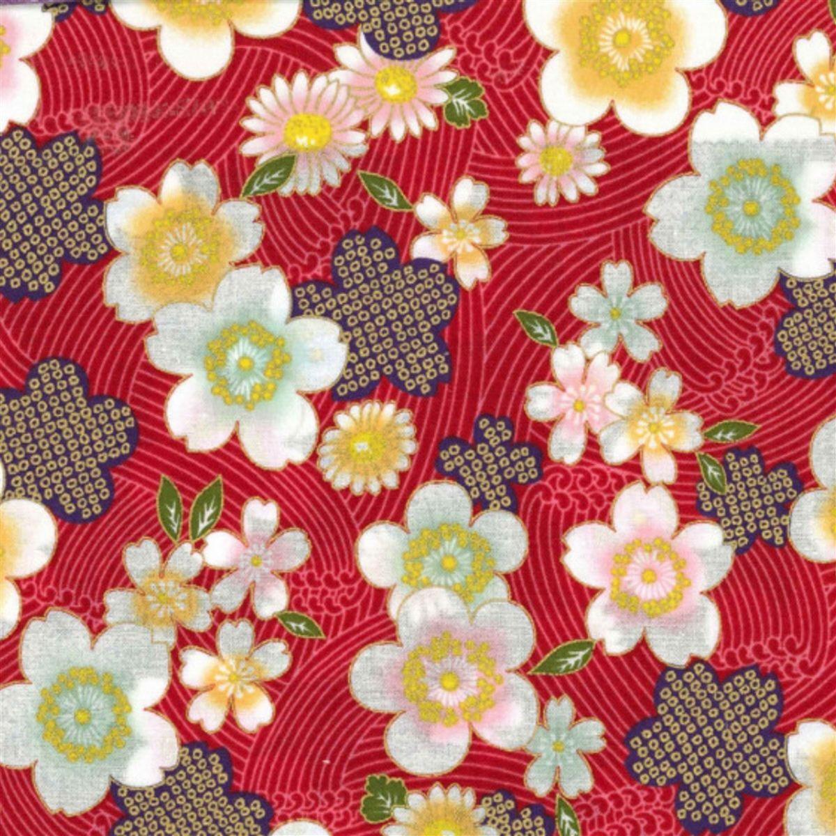 Sevenberry Gold Metallic Traditional Japanese Flowers Red Swirls Fabric ...
