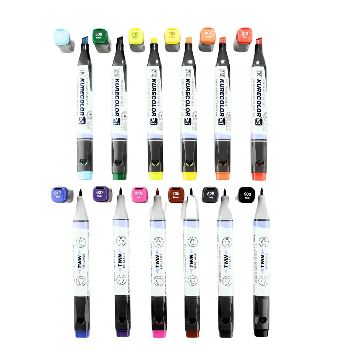 Kuretake Zig Kurecolor Twin Tip Alcohol Markers - 12 Pens - Basic ...