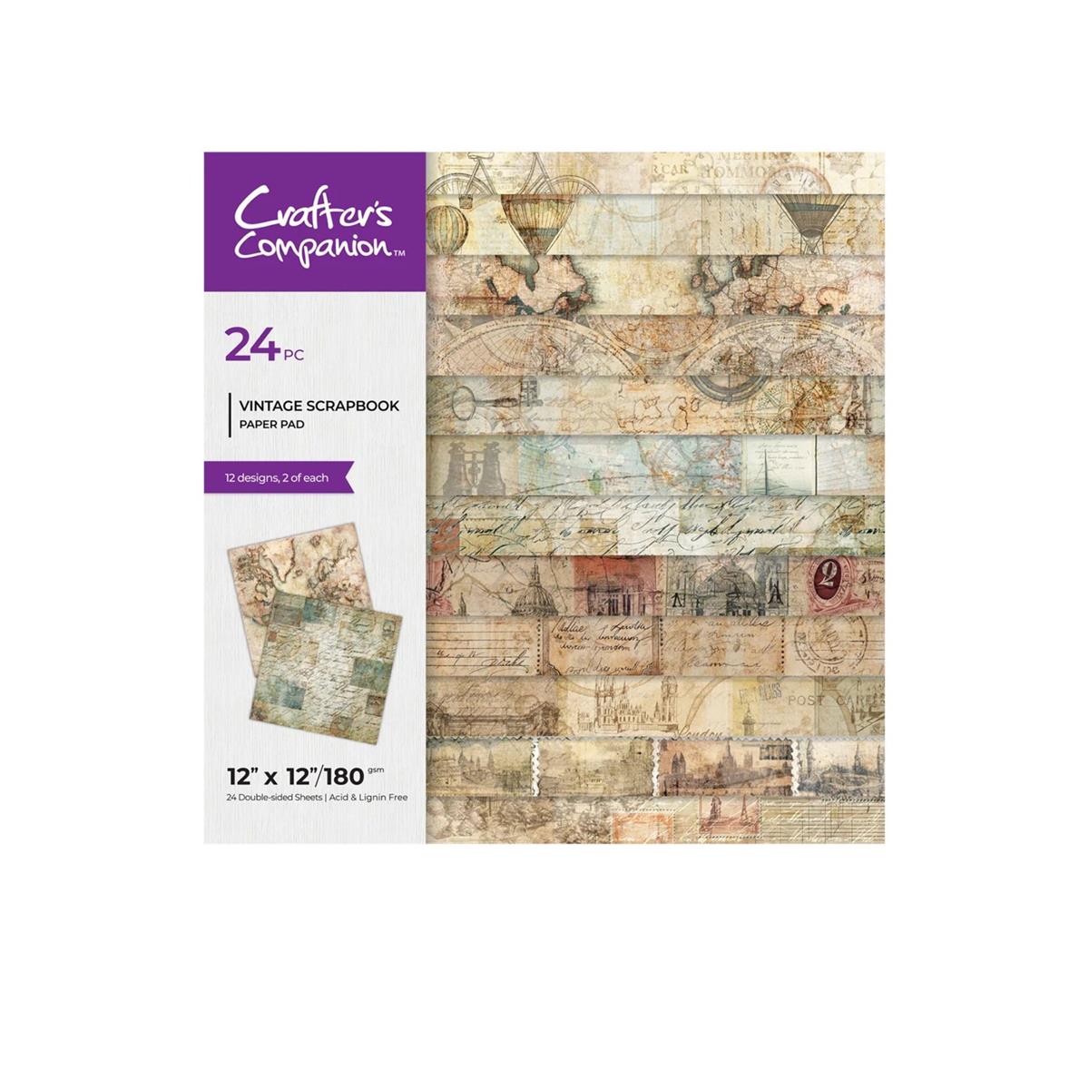 Crafters Companion 12x12 Paper Pad - Vintage Scrapbook - 24PC | HobbyMaker