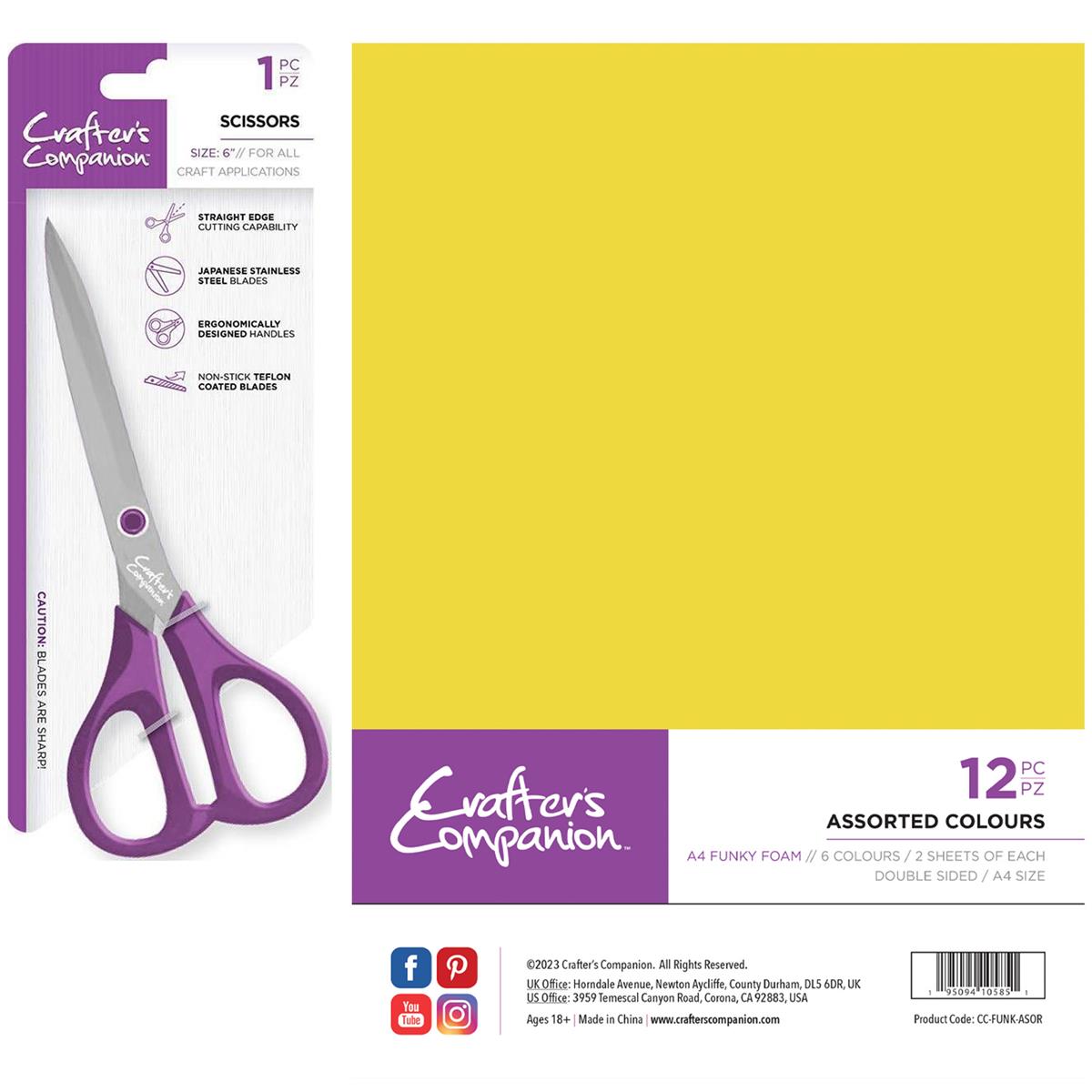 Crafter's Companion - Assorted Funky Foam12 Pack & 6 Straight Scissors ...