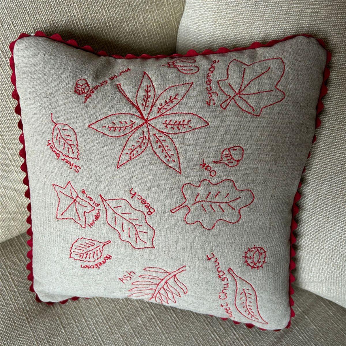 Mandy Shaw Redwork Autumn Leaves Cushion | SewingStreet
