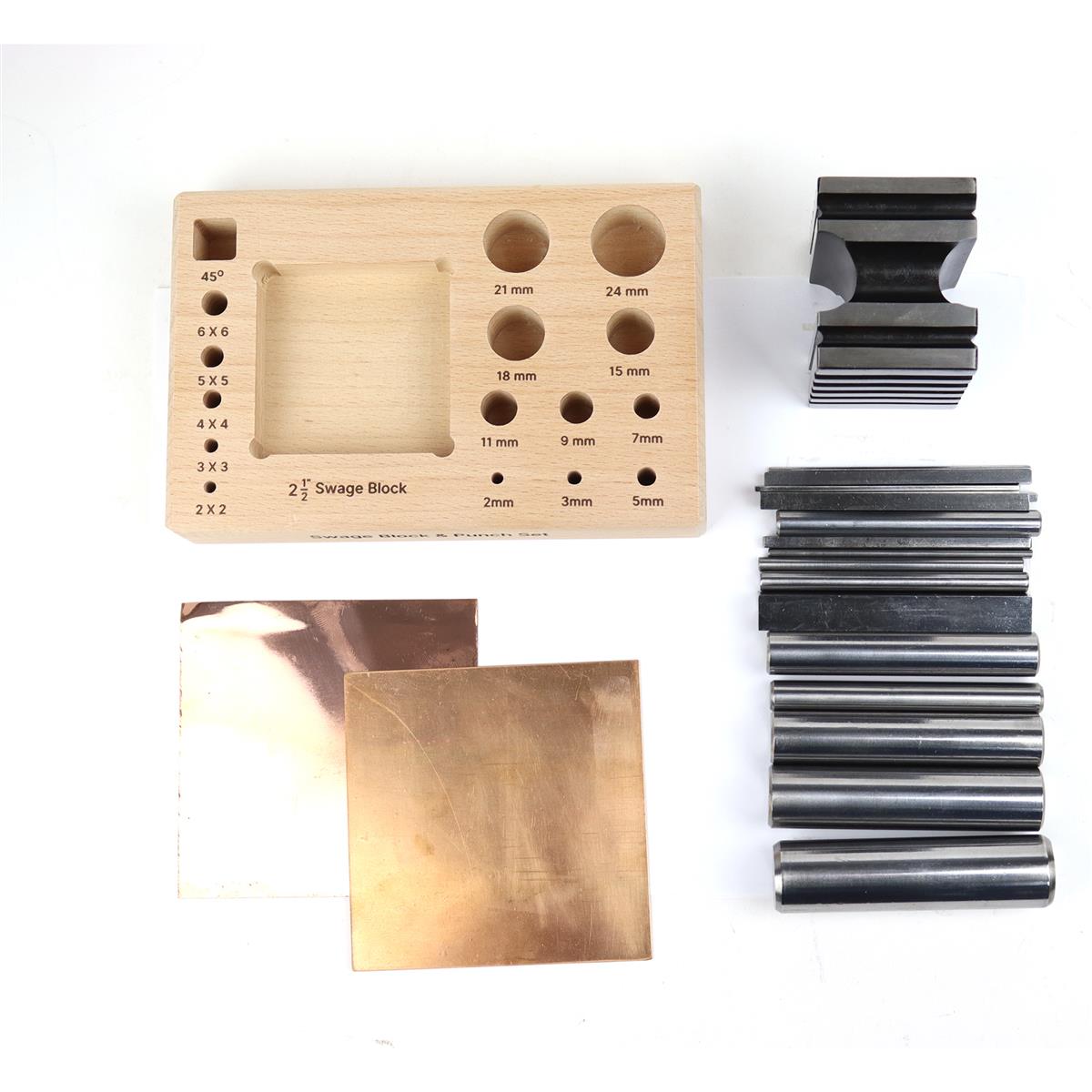 Swag Bag; Swage Block and 16 Punch Set on Wooden Stand & 2 x Copper ...