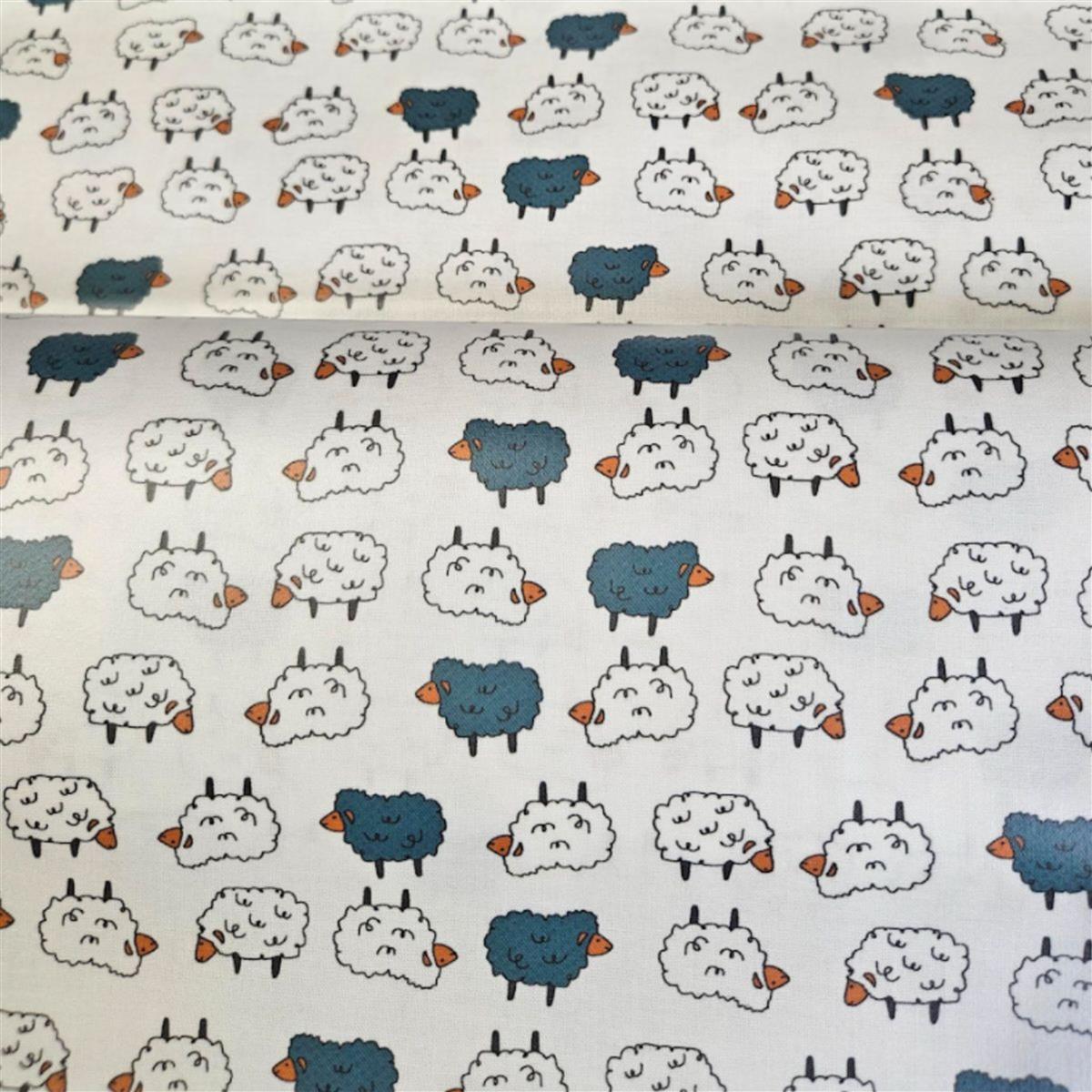 Eco-laminated fabric -Line Up Sheep , White, 112cm wide | SewingStreet
