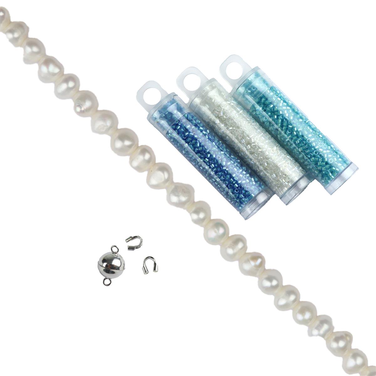 White Freshwater Cultured Potato Pearl & Crystal, Mint Seed Bead ...