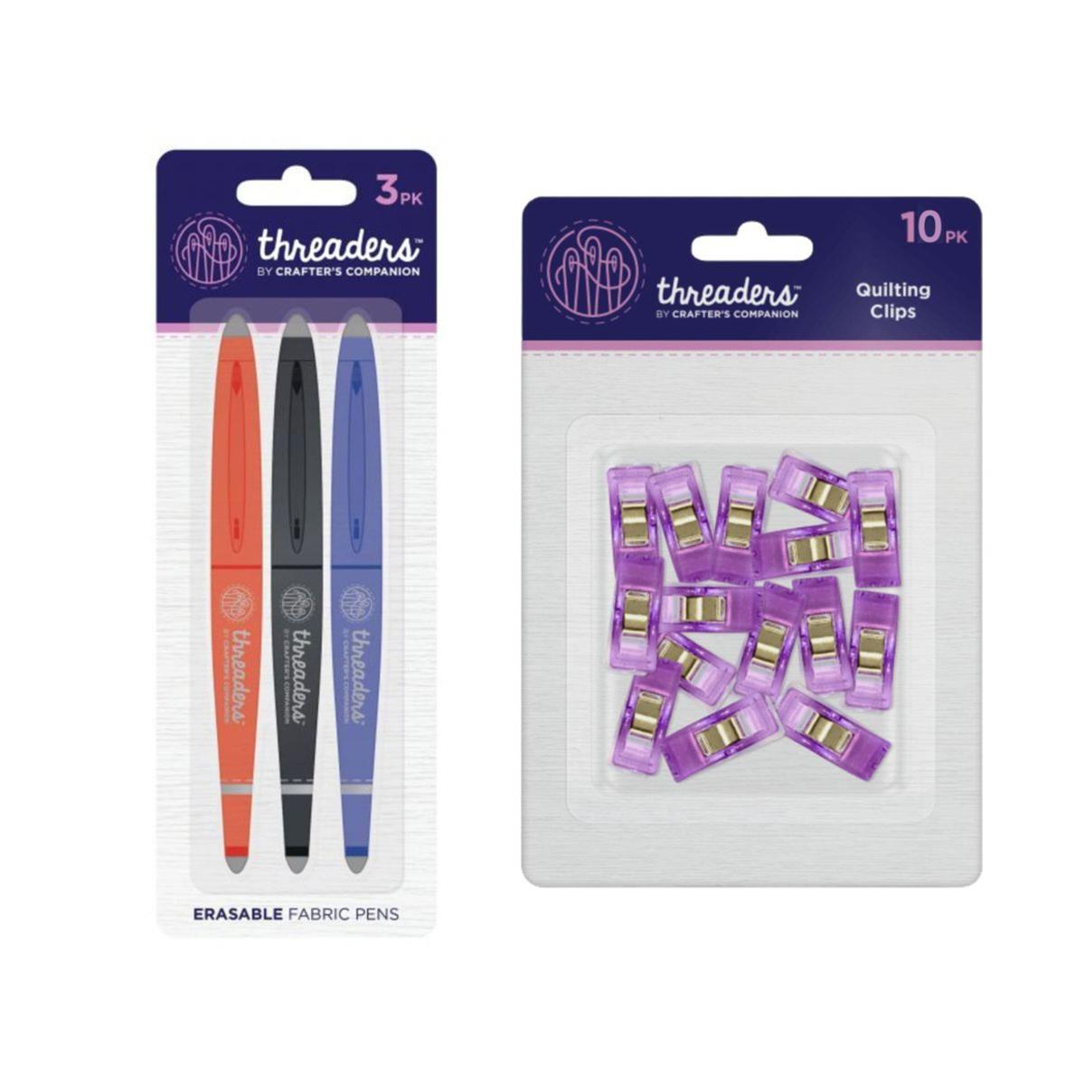 Threaders Erasable Fabric Pens 3 Pack & Threaders Quilting Clips 10 ...