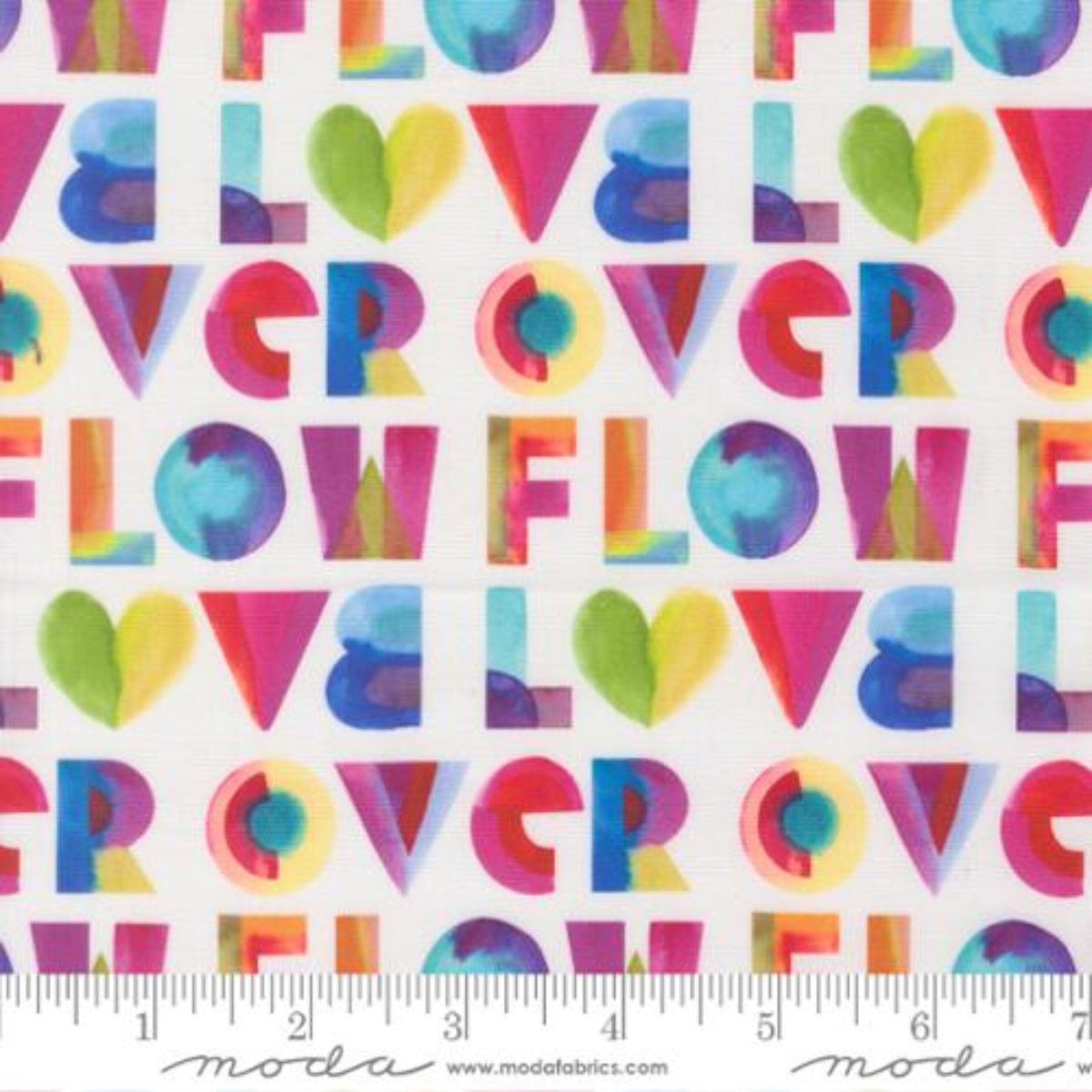 Moda Radiant Collection Over Flow Love Text and Words White Fabric 0.5m ...